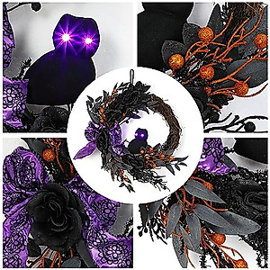 22 Inch Halloween Wreaths for Front Door, Halloween Owl Wreath with Lighted Eyes, Prelit Black Halloween Wreath with Artificial Roses Willow Leaves Ribbon for Halloween Indoor Outdoor Home Decor