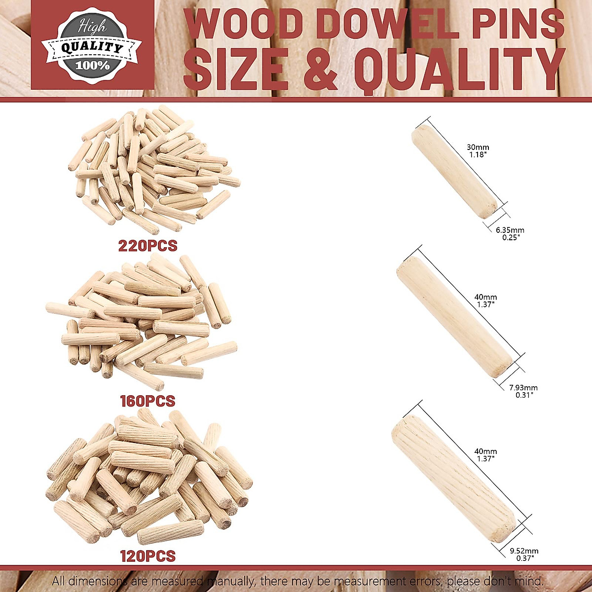 Hilitchi 900Pcs 6mm 8mm 10mm L Fluted Wood Dowel Pins & 1/4” 5/16” 3/8" L Fluted Wood Dowel Pins