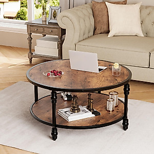 GAOMON Round Coffee Table Living Room 2-Tier Rustic Wood Center Table with Storage Shelf Modern Circle Coffee Table with Sturdy Metal Legs, Easy Assembly