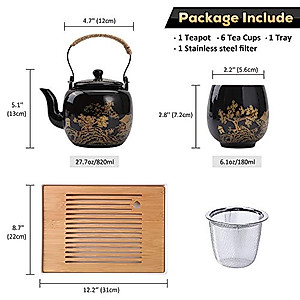 Dujust Japanese Tea Set, Black Porcelain Tea Set with 1 Teapot Set, 6 Tea Cups, 1 Tea Tray, 1 Stainless Infuser, Beautiful Asian Tea Set for Adults, Tea Lover/Women/Men (Countryside in Golden)