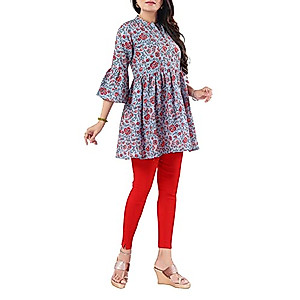 IshDeena Indian Kurti Tops for Women Indian Style Short Kurtis Kurta Boho Tunics Peasant Shirts Blouses Rayon & Cotton Silk (2X-Large/Blue Gray)