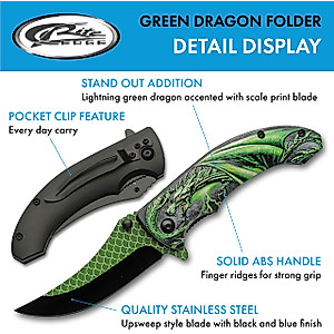 SZCO Supplies 300551-GN Green Dragon Assisted Open Liner Lock Edc Upsweep Folding Knife, 8" Length