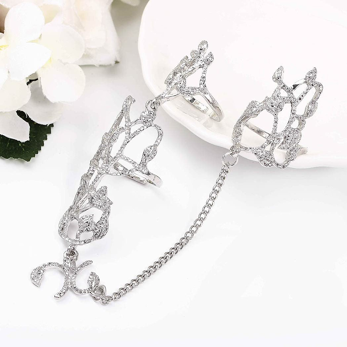 Bomine Goth Multiple Rings Finger Stack Knuckle Band Punk Hand Chain Ring Finger Bracelets Beach Slave Bracelet Jewelry for Women and Girls (Silver)