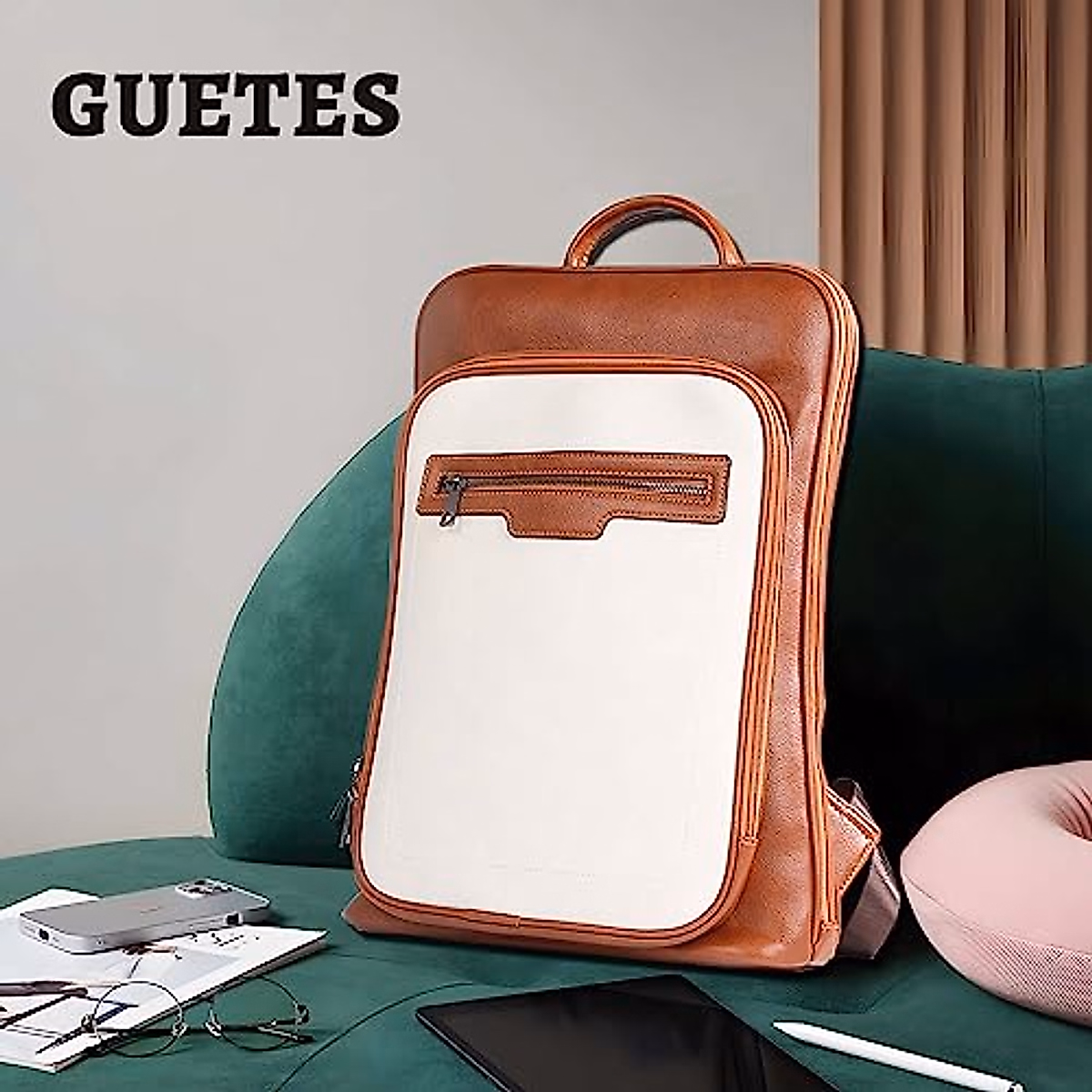 GUETES Leather Laptop Backpack, for Women and Men 15.6 inch Computer Backpack Travel Large Business Work College Daypack, Off White+ Brown