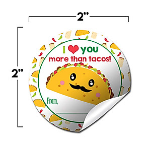 “I Like You More Than Tacos” Taco-Themed Valentine Party Favor Sticker Labels, 40 2" Party Circle Stickers by AmandaCreation, Great for Classroom Valentines, Envelope Seals, Gifts & Treats