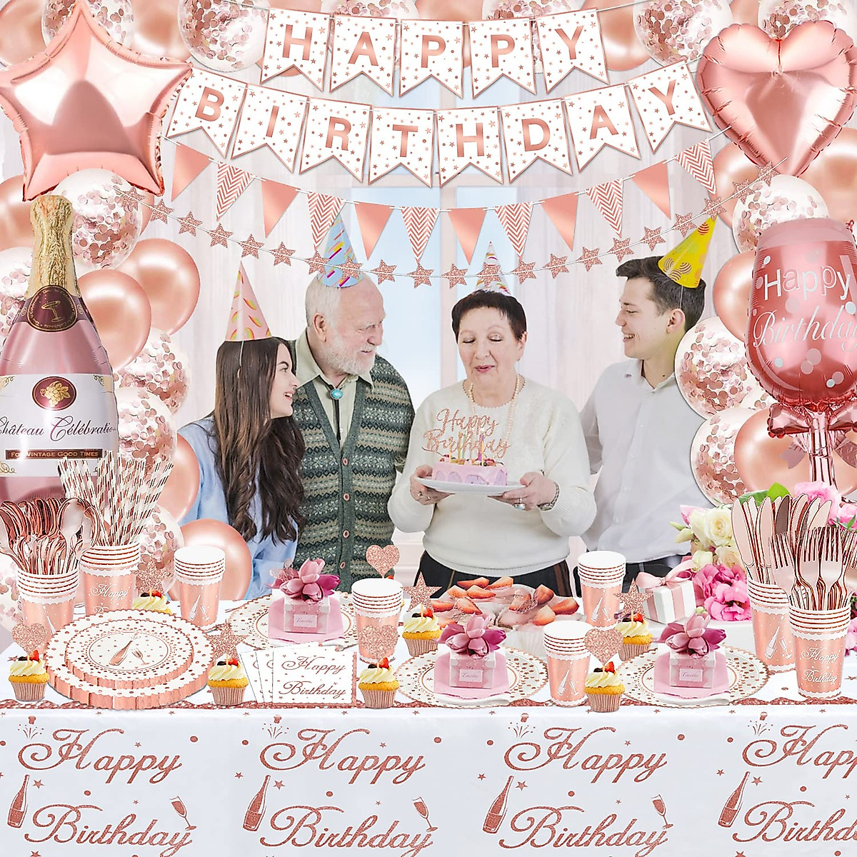 229 Pack Rose Gold & White Party Supplies Rose Gold Birthday Party Decorations Happy Birthday Dinnerware Set Rose Gold Paper Plates, Balloons, Tableclothes, Banner, Garland, Napkin, Cups Serves 20