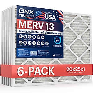 BNX TruFilter 20x25x1 Air Filter MERV 13 (6-Pack) - MADE IN USA - Electrostatic Pleated Air Conditioner HVAC AC Furnace Filters for Allergies, Pollen, Mold, Bacteria, Smoke, Allergen, MPR 1900 FPR 10