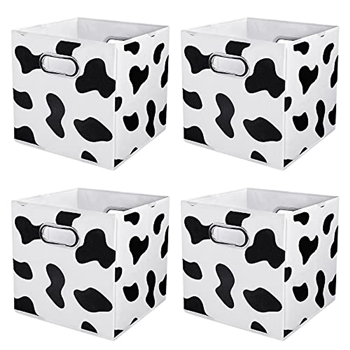 ANMINY 4PCS Storage Cubes Set Cow Print Large Cotton Linen Storage Bins Boxes Baskets with Handles PP Plastic Board Foldable Desktop Closet Shelf Organizer Container for Home Office - 11"x 11"x 11"