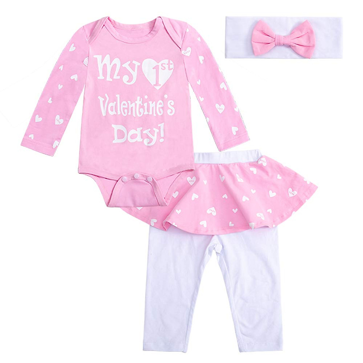 LENSOUS Newborn Infant Baby Girls My First Valentine's Day Skirt Cute Romper Top Pants Clothes Outfit set (6-12 months)
