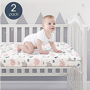 Pack n Play Playard Sheets JERORAY for Girls and Boys,2 Pack Stretchy Ultra Soft Jersey Knit Portable Mini Cribs Playards Sheets, Pink Elephant