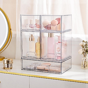 Vtopmart Stackable Makeup Organizer Storage Drawer, 4.4'' Tall Acrylic Bathroom Organizers，Clear Plastic Storage Bins For Vanity, Undersink, Kitchen Cabinets, Pantry Organization and Storage