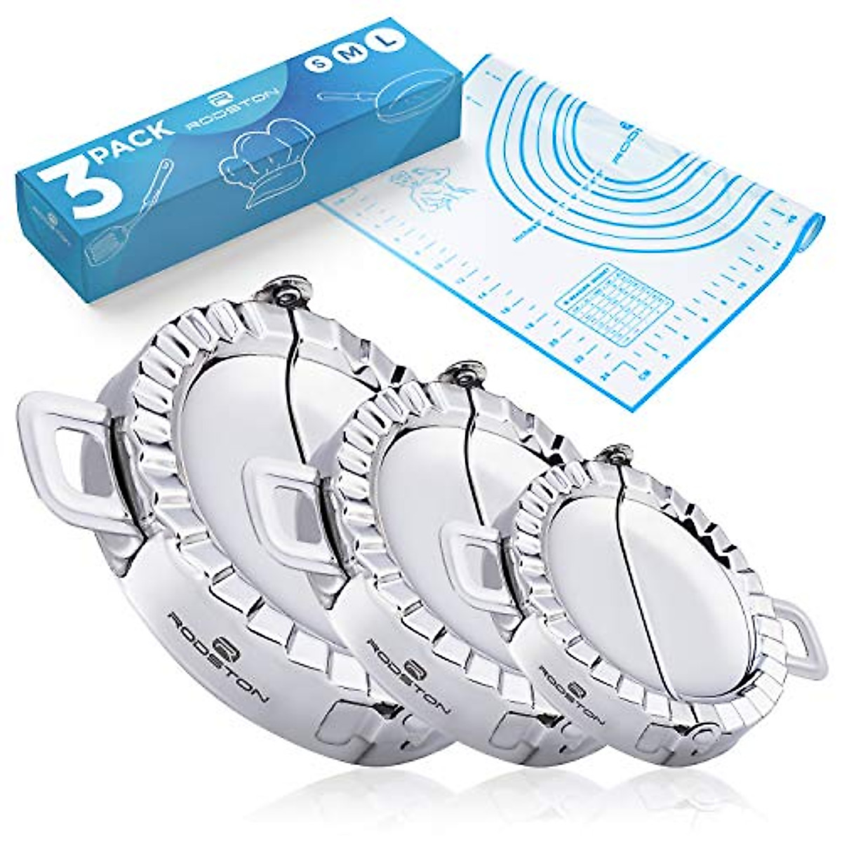 Dumpling Maker Press Set of 3 Molds – BONUS Pastry Mat, Empanada Press for Cooking Pierogi Ravioli Turnover Wrappers, Stainless Steel Dumpling Mould - Pack of 3 Sizes with Silicone Dough Mat