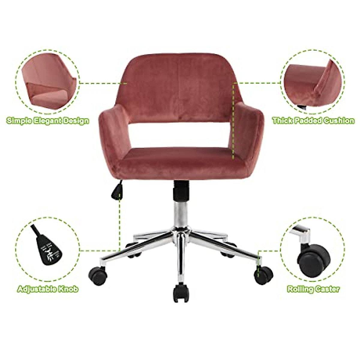 Geniqua Rose Pink Velvet Office Chair Swivel Task Chair Adjustable Mid Height Casters Rolling Computer Chair Modern for Home Office