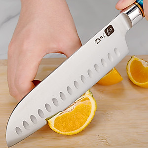Dnifo Santoku Knife 7-Inch Japanese Style Chef Knife, Multifunctional Ultra Sharp High Carbon Stainless Steel Kitchen Chopping Knife, Ergonomic Logs & Resin Handle