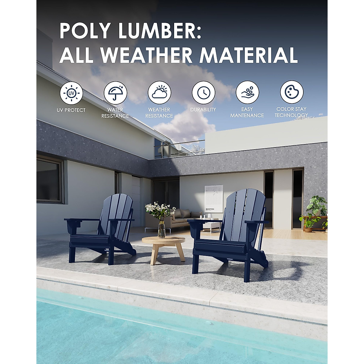 Adiromoti Folding Adirondack Chairs Set of 4, All-Weather Resistant HDPE Patio Firepit Chairs, Sturdy Outside Chairs with Cup Holder, Lawn Chairs, 80% Pre-Installed Load Capacity 385lb, Navy Blue