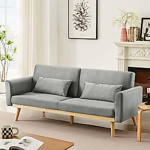 DKLGG Grey Futon Sofa Bed, Velvet Convertible Sofa Couch Sleeper with Wood Legs & 2 Pillows, Upholstered Loveseat for Small Spaces Living Room Bedroom Furniture, 3 Adjustable Positions, Easy Assembly