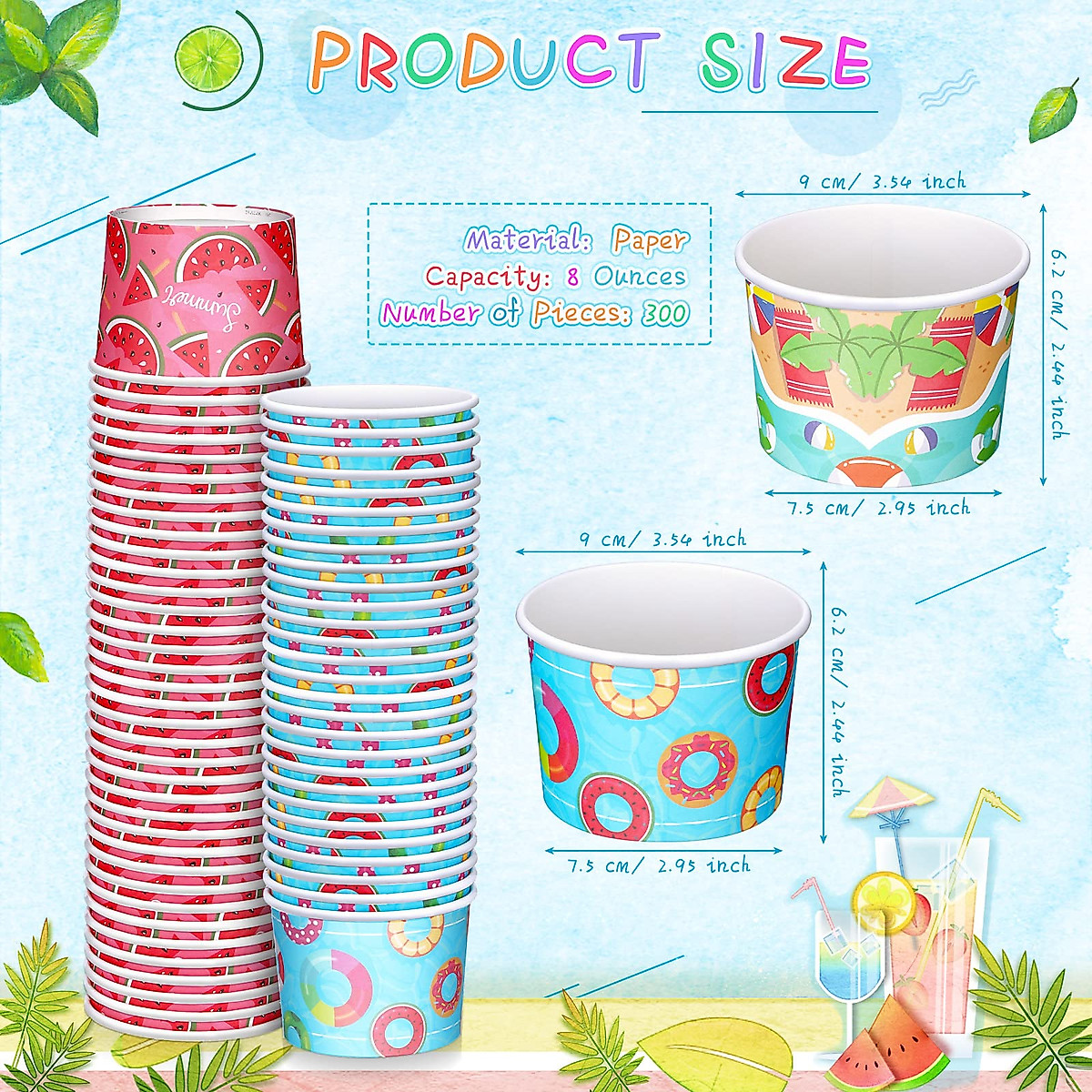Nuenen 300 Pcs 8 oz Ice Cream Cups Disposable Ice Cream Bowls Paper Ice Cream Cup Bulk Summer Ice Cream Sundae Bowls Ice Cream Cup Bar Supplies for Sundae Snack Luau Party(Tropical)