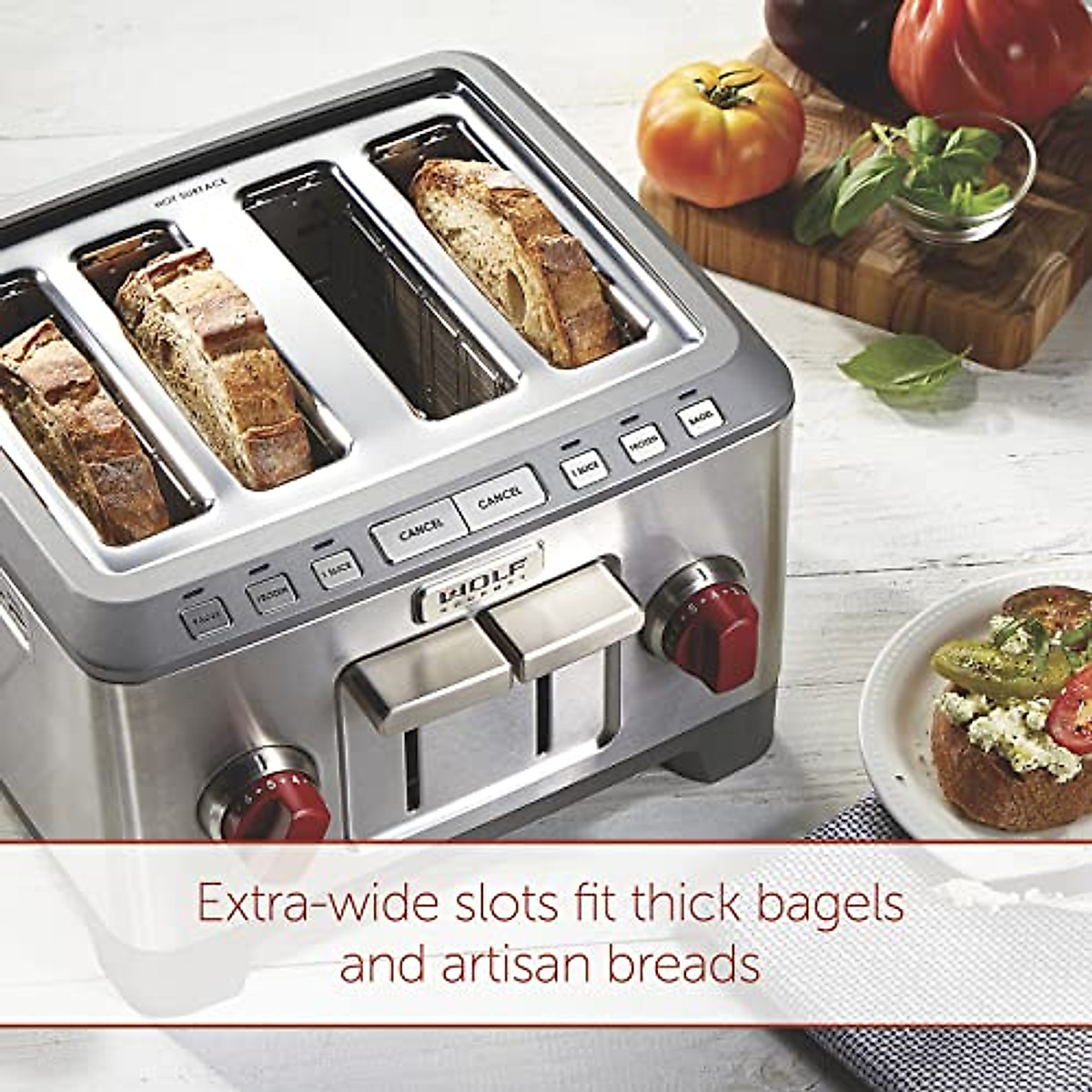 Wolf Gourmet 4-Slice Extra-Wide Slot Toaster with Shade Selector, Bagel and Defrost Settings, Red Knob, Stainless Steel (WGTR154S)