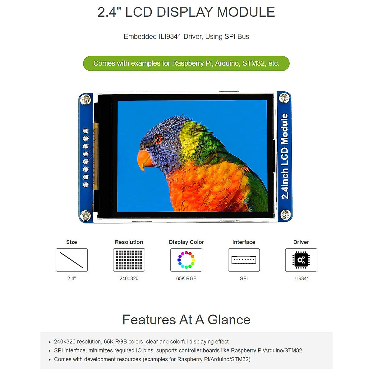 Waveshare 2.4inch LCD Display Module with 65K RGB Colors 240×320 Resolution SPI Interface