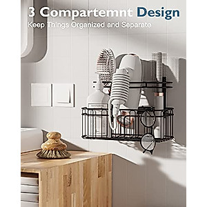 Hair Tool Organizer, ULG Hair Dryer Holder Over Cabinet or Wall Mount, Bathroom Organizer Under Sink with 5 Adjustable Heights and 3 Compartments for Hair Dryer, Curling Wand, Hair Straightener(Black)