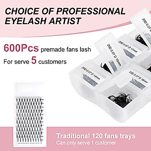 Lash Extension FADLASH 20D Premade Fans Eyelash Extensions 600pcs Pre Made Fans Lash Extensions Premade Lash Fans Volume Lash Extensions D Curl Eyelash Extension Premade Fans (20D-0.07D-14-20mm)