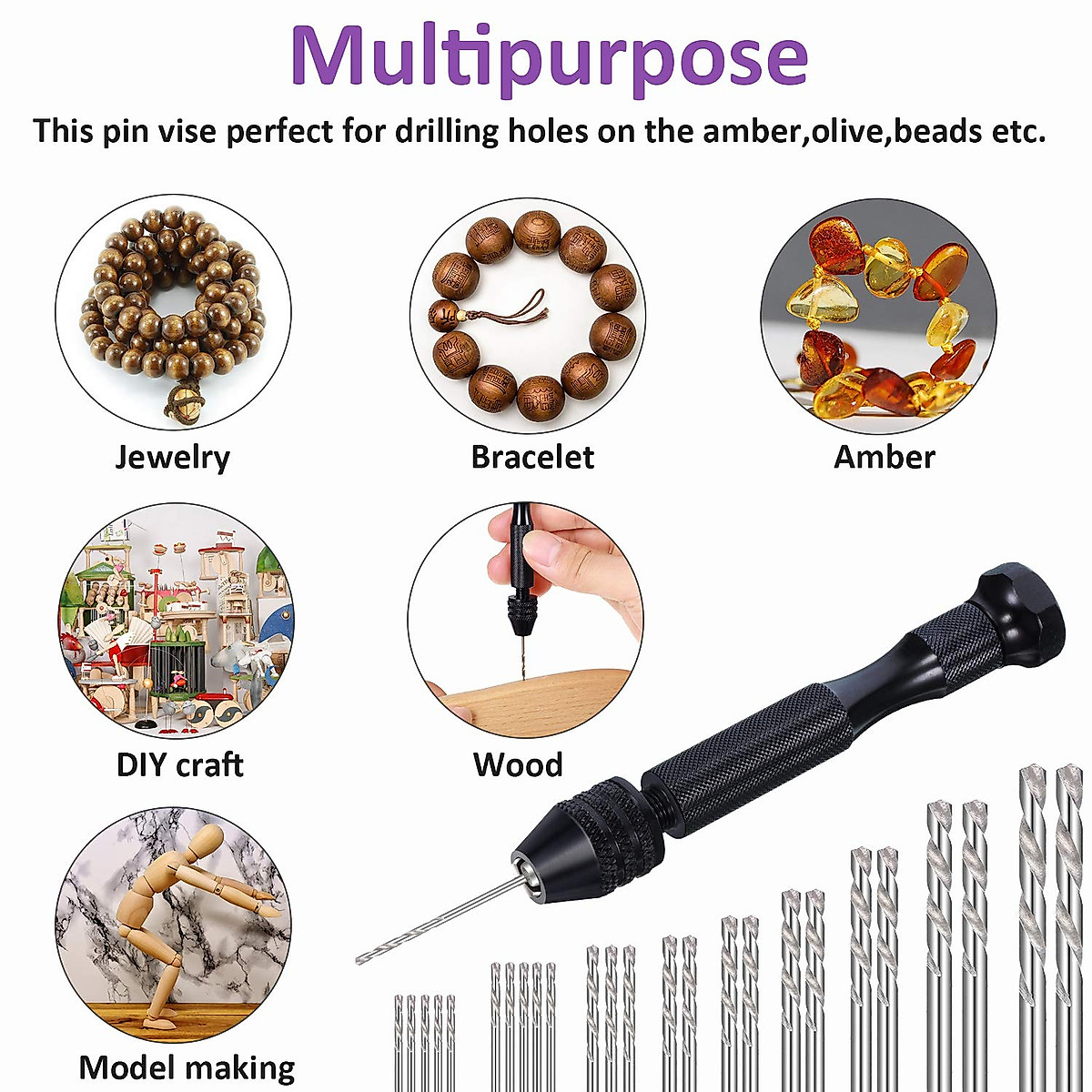 Mudder 36 Pieces Hand Drill Set, Include Pin Vise Hand Drill, Mini Drills and Twist Drills for Craft Carving DIY (0.3-1.2 mm PCB Drill)