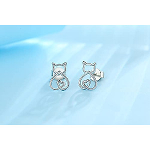 INFUSEU Small Cat Earrings for Women Teen 925 Sterling Silver Cute Kitty Kitten Animal Ear Studs Tiny Jewelry
