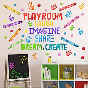 Mfault Playroom Wall Decals Stickers, Crayon Handprint Polka Dots Inspirational Quote Nursery Decorations Daycare Art, Laugh Imagine Share Dream Create Toddler Kids Room Bedroom School Classroom Decor
