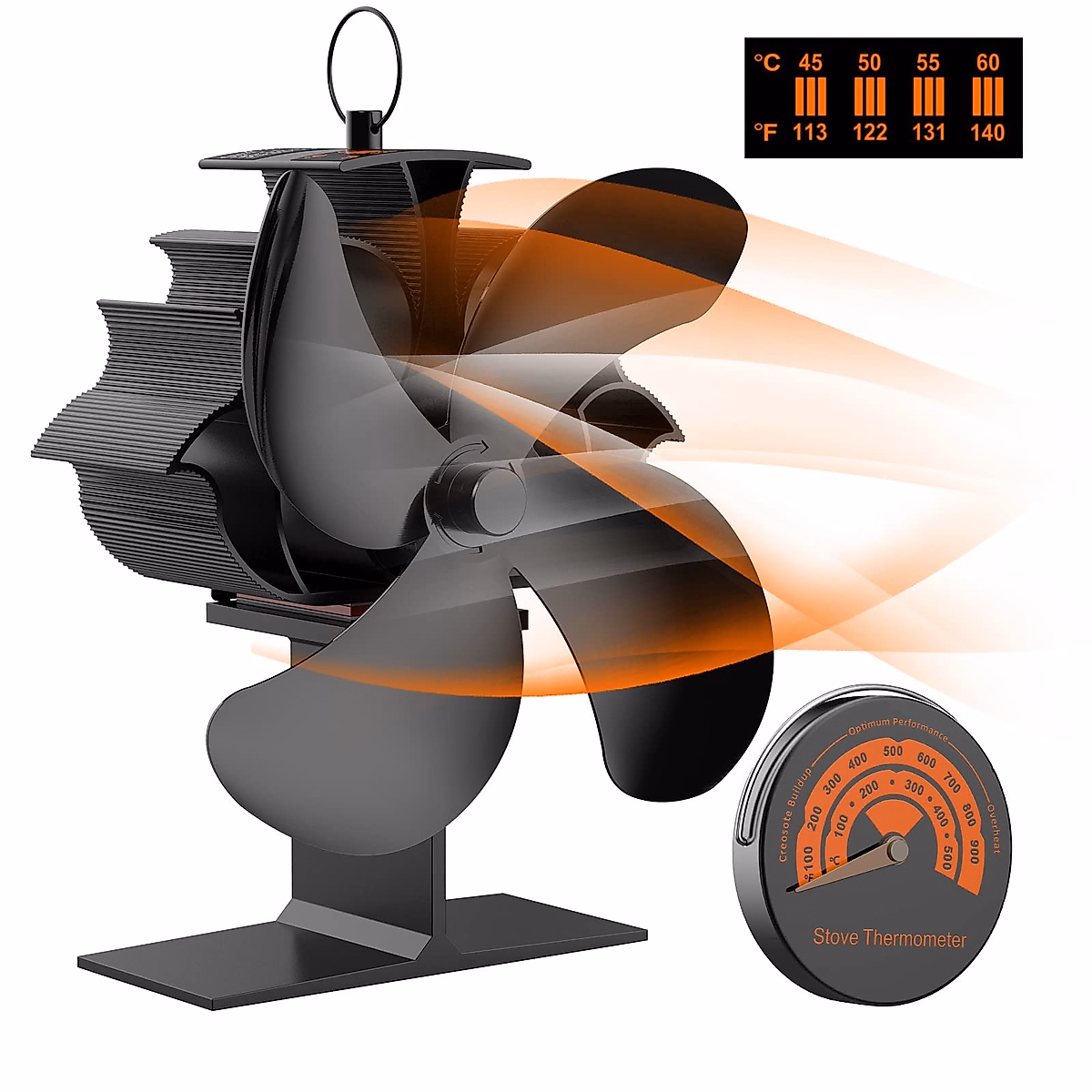 Sterktlys Wood Stove Fan, 4-Blade Heat Powered Stove Top Fan with Temperature Label, Magnetic Stove Thermometer, Efficient Heat Distribution & Silent Operation, for Fireplace, Log Burner, Pellet Stove