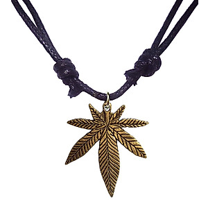 Bijoux de Ja Antique Bronze Pot Leaf Weed Pendant Adjustable Black Cord Necklace 16-30 Inches