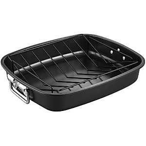 CHEFMADE Roasting Pan, 17-Inch Non-Stick Large Roasting Pan for Turkey, Roaster Lasagna Pan with V Rack Rectangular Deep Dish Oven-BBQ Bakeware for Oven Baking 17.1" x 14.1" x 3.3" (Black)