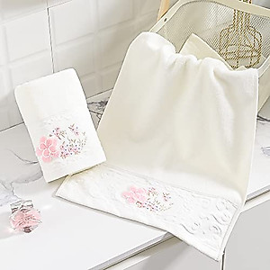 YiLUOMO Beige Hand Towels Stereoscopic Flower Embroidered Bathroom Hand Towel Super Soft 100% Terry Cotton Highly Absorbent Decorative for Home Bathroom(13 x 29 Inch, 2 Pieces)