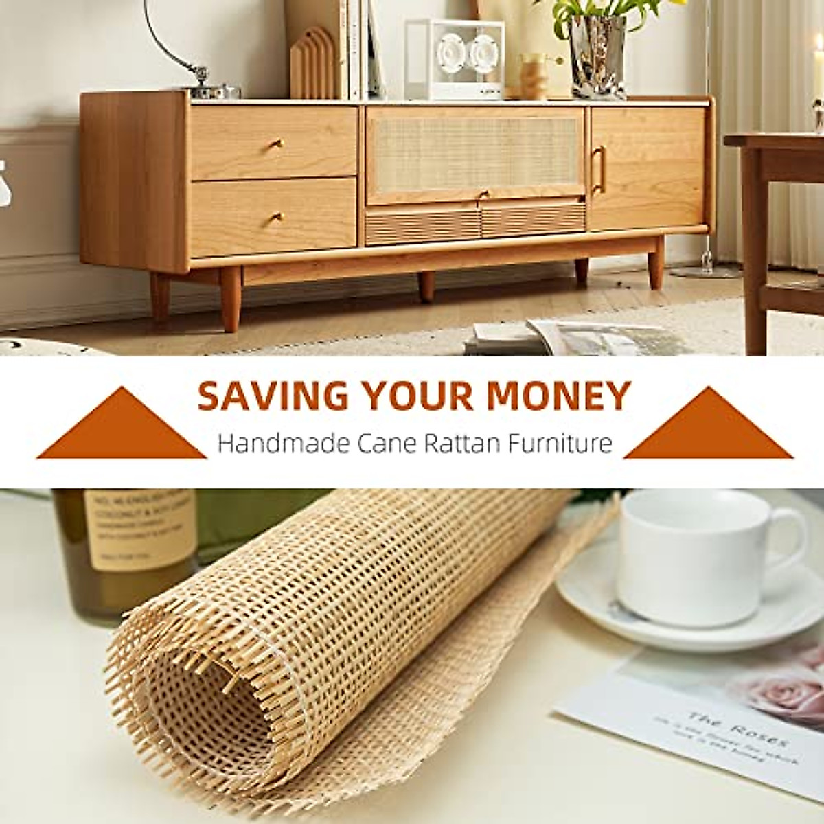 Cane Webbing,14" Width Rattan Webbing Roll 3.3Ft Natural Caning Kit Material for Cabinet,Chair,Home Furnitur