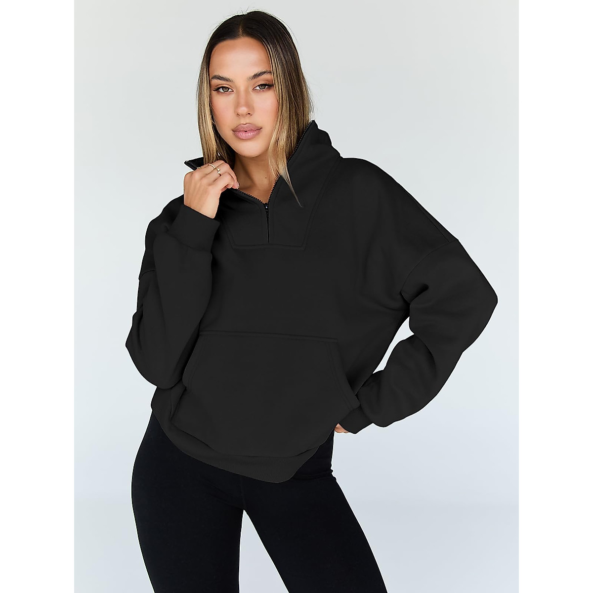 Trendy Queen Sweatshirts Quarter Half Zip Pullover Oversized Hoodies Sweaters Comfy Fall Outfits 2025 Y2K Winter Clothes Black L