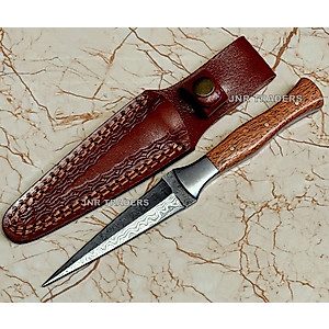 JNR Traders Handmade Damascus Knife Double Edge Arkansas Toothpick Knife Fixed Blade Knives with Leather Sheath 4.5 inch 3656