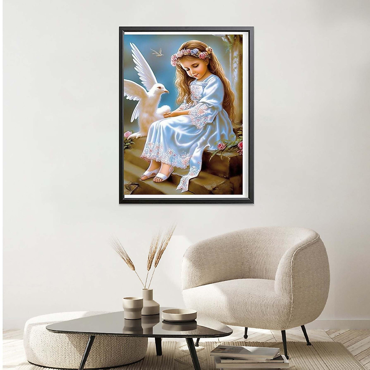 Sheehow 5D Diamond Painting Kits for Adults Angel Girl, Full Drill Diamond Art Pigeons, Gem Pictures by Numbers Art, DIY Cross Stitch Jewel Art Rhinestone Craft for Home Wall Decor 12X16 inch