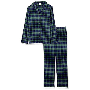 Amazon Essentials Women's Flannel Long-Sleeve Button Front Shirt and Pant Pajama Set, Cobalt Blue Green Blackwatch Plaid, Small