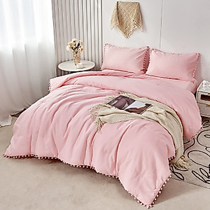 PERFEMET 5 Pcs Pink Pom Pom Comforter Boho Chic Aesthetic Ball Pom Comforter Set Full Size Ultra Soft Lightweight Bedding Set with Sheet for Girls Kids(Pink, Full)