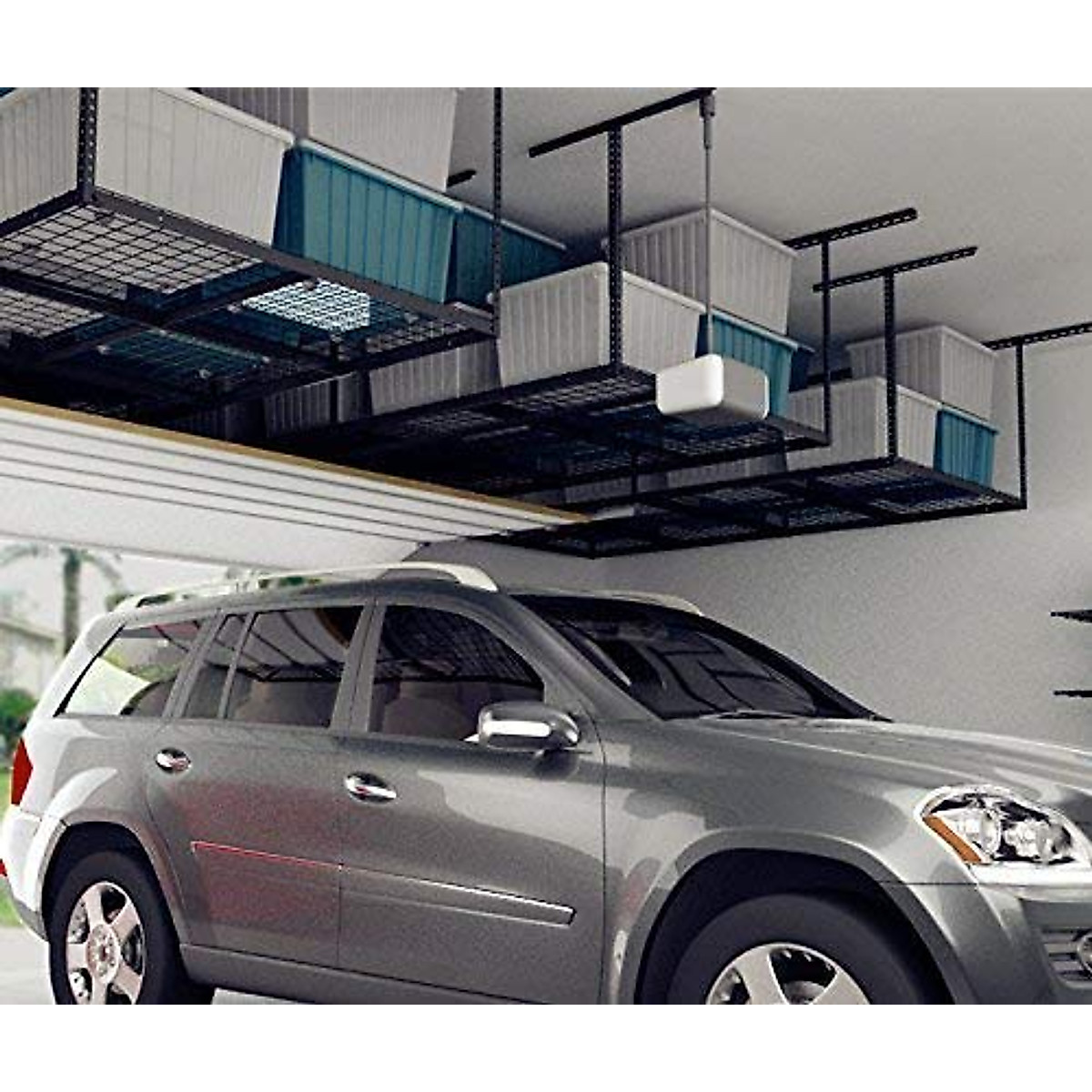 FLEXIMOUNTS 4x8 Overhead Garage Storage Rack, Adjustable Garage Storage Organization Systerm, Heavy Duty Metal Garage Ceiling Storage Racks, 600lbs Weight Capacity, Hammertone