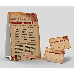 shupai What's Your Cowboy Name Game, 1 Cowboy Theme Sign and 50 Name Tag Stickers, Birthday Game for Kids and Adult Parties, Activity Game for Office or Class | F010