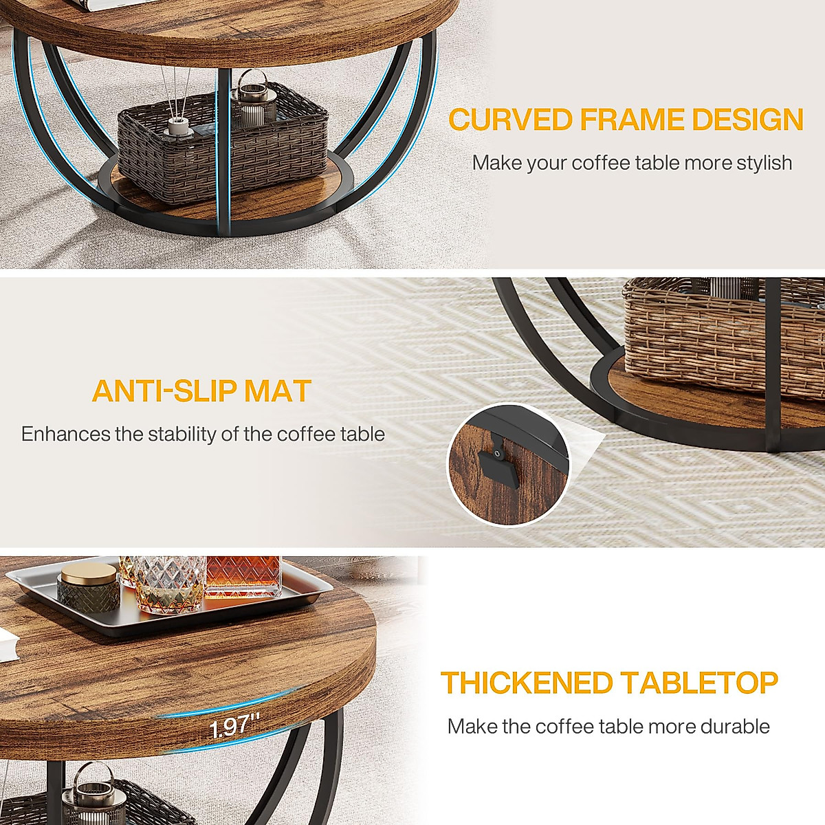 Tribesigns Round Coffee Table, 31.7" Wooden 2-Tier Circle Coffee Table with Storage Shelves, Modern Accent Cocktail Table Center Table for Living Room, Rustic Brown