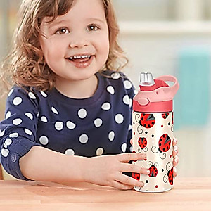 ALAZA Cute Ladybug Polka Dot on Pink Kids Water Bottles with Lids Straw Insulated Stainless Steel Water Bottles Double Walled Leakproof Tumbler Travel Cup for Girls Boys Toddlers 12 oz,Pink