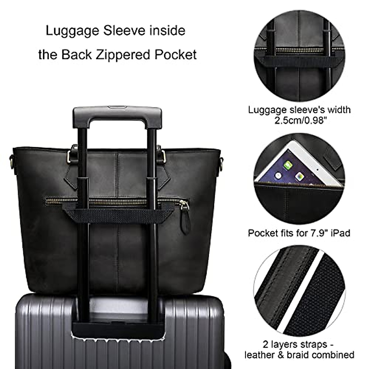 S-ZONE Vintage Genuine Leather Shoulder Bag Work Totes for Women Purse Handbag with Back Zipper Pocket Large