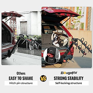 BougeRV Hitch Bike Rack Locking Feature Easy Assembly with 2'' Hitch Receiver, Foldable 4-Bike Hitch Carrier Rack for Car, Pull for Trunk Access, fit for SUV and Truck (165LB Capacity)