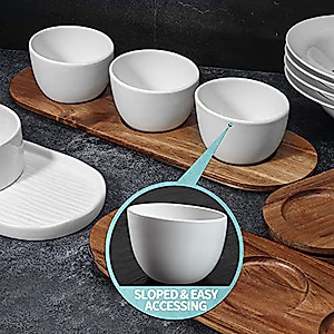 Wareland Chip and Dip Serving Set with Acacia Wooden Tray, 12oz White Glazed Ceramic Dipping Bowls, Serving Dishes for Entertaining, Small Serving Bowls for Side Dishes, Salsa, Appetizers, Condiments