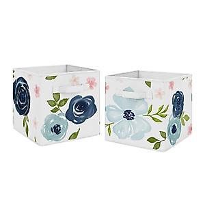 Sweet Jojo Designs Navy Blue and Pink Watercolor Floral Foldable Fabric Storage Cube Bins Boxes Organizer Toys Kids Baby Childrens - Set of 2 - Blush, Green and White Shabby Chic Rose Flower