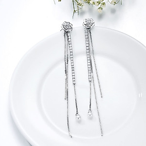 POPKIMI Rose Flower Earrings 925 Sterling Silver Dangle Drop Hook Earrings Birthday Gifts for Women Women Earrings Love Heart Rose Flower Earrings Christmas Birthday Gifts (Silver)