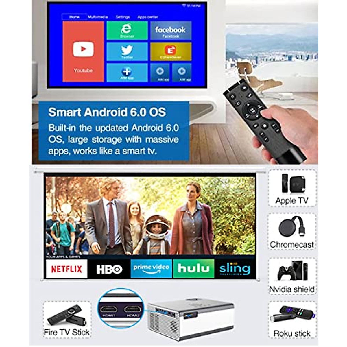 Mini Projector with WiFi Bluetooth,Smart Portable 1080 HD Projector,Outdoor Movie Home Theater Projector with HDMI USB VGA,Wireless Video Projector for iOS Android