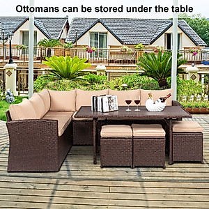 VINGLI 8 Pieces Outdoor Patio Furniture Set with Dining Table&Chairs, Wicker Patio Dining Set for 8, All Weather Outdoor Sectional Sofa Conversation Set with Ottoman