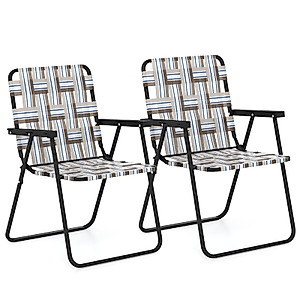 GYMAX Folding Chair, Patio Lawn Chair Set with Armrest, Indoor/Outdoor 2 Pack Webbed Lightweight Dinning Chair, Portable Beach Chair for Outside, Poolside, Backyard (Coffee, 2)